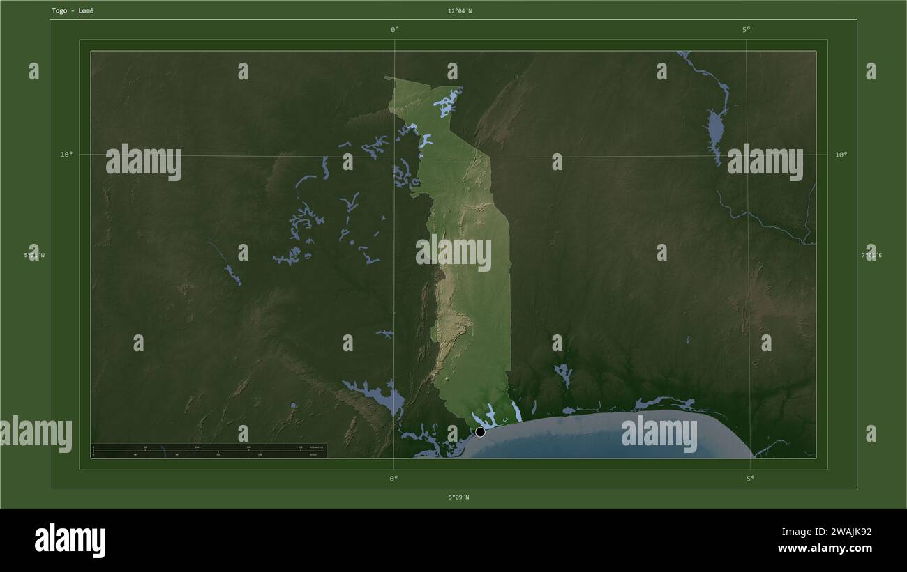 Togo highlighted on a Pale colored elevation map with lakes and rivers ...