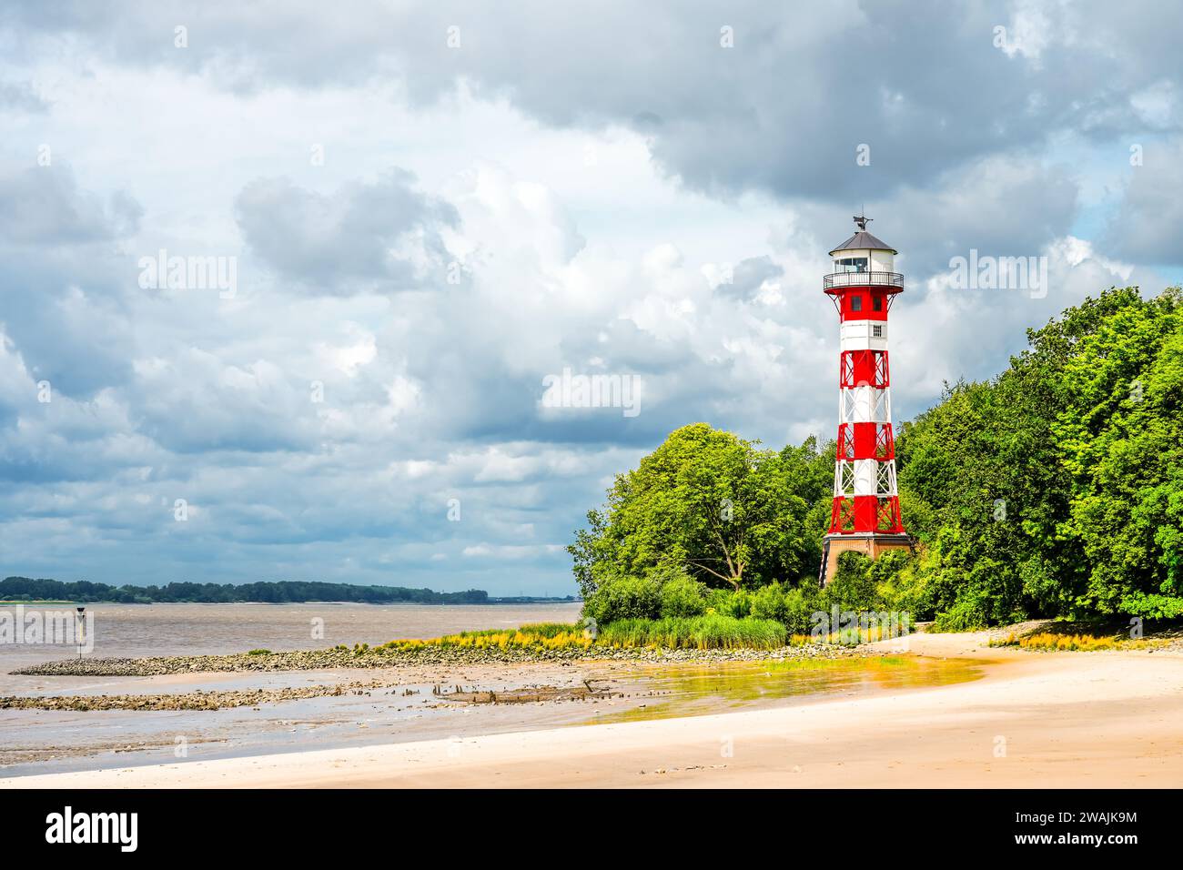 Wittenbergen lighthouse on the Rissener Ufer near Hamburg. Historic ...