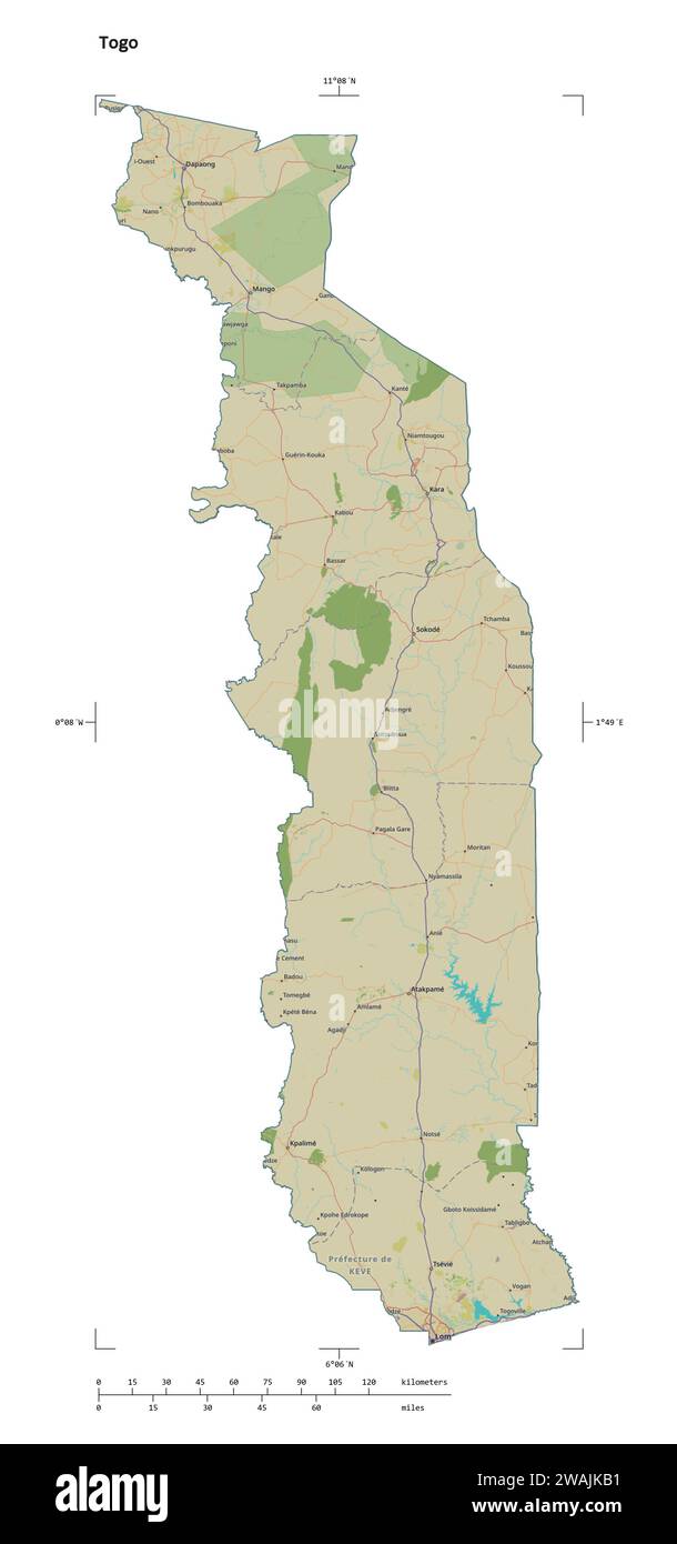 Shape of a topographic, OSM Humanitarian style map of the Togo, with distance scale and map ...