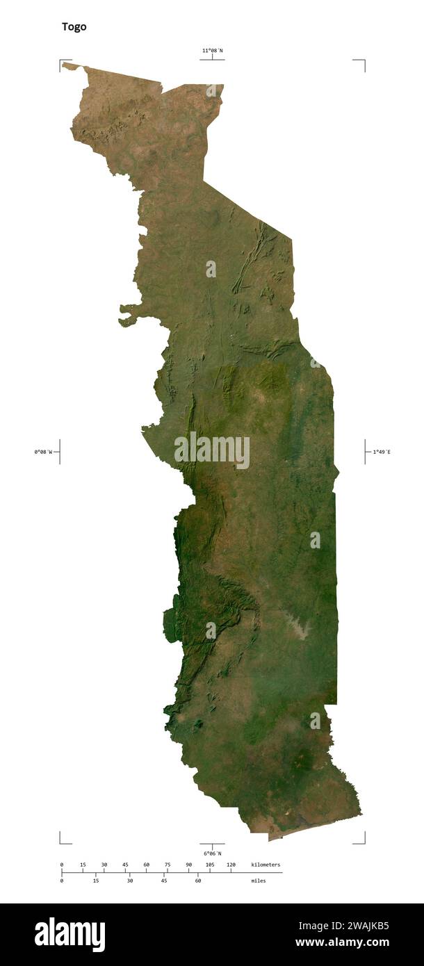 Shape of a low resolution satellite map of the Togo, with distance ...