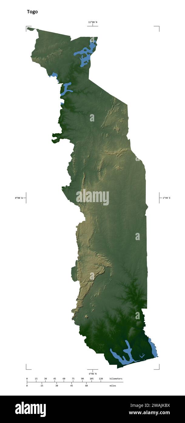 Shape of a Colored elevation map with lakes and rivers of the Togo, with distance scale and map ...