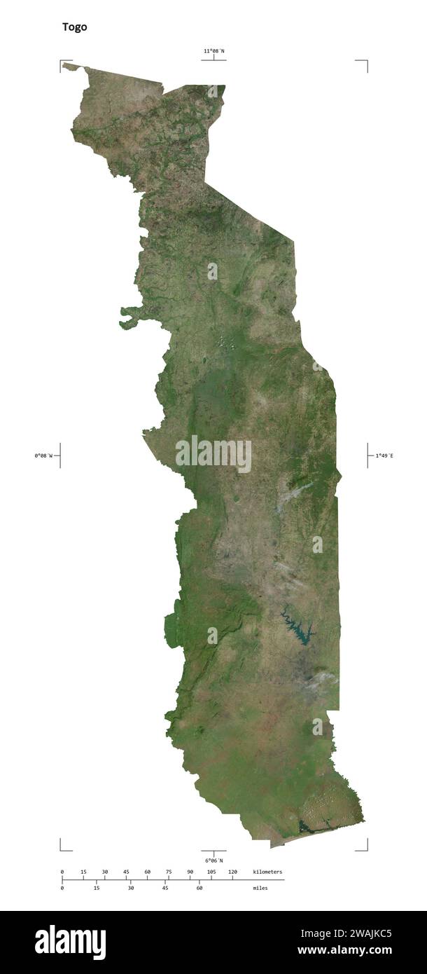 Shape of a high resolution satellite map of the Togo, with distance ...