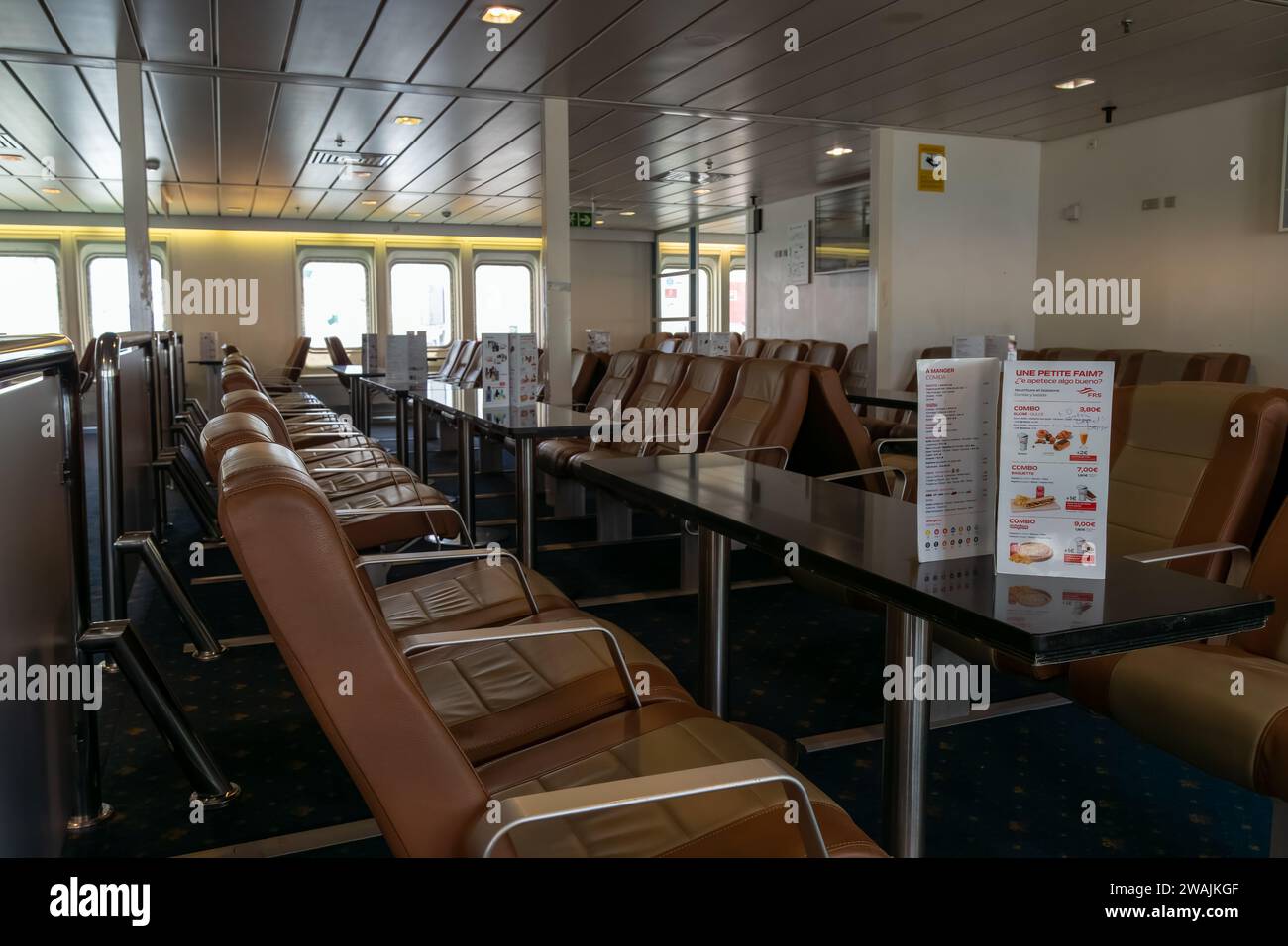 The empty restaurant of a ferry crossing the sea. High quality photo ...