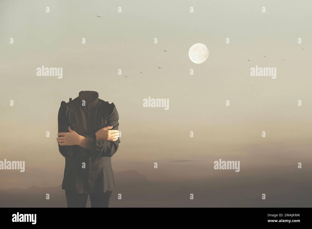 surreal headless woman with a moon illuminating her behind, abstract ...