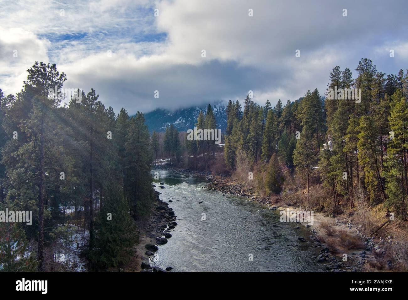Aerial view of the Wenatchee River at Leavenworth, Washington in ...