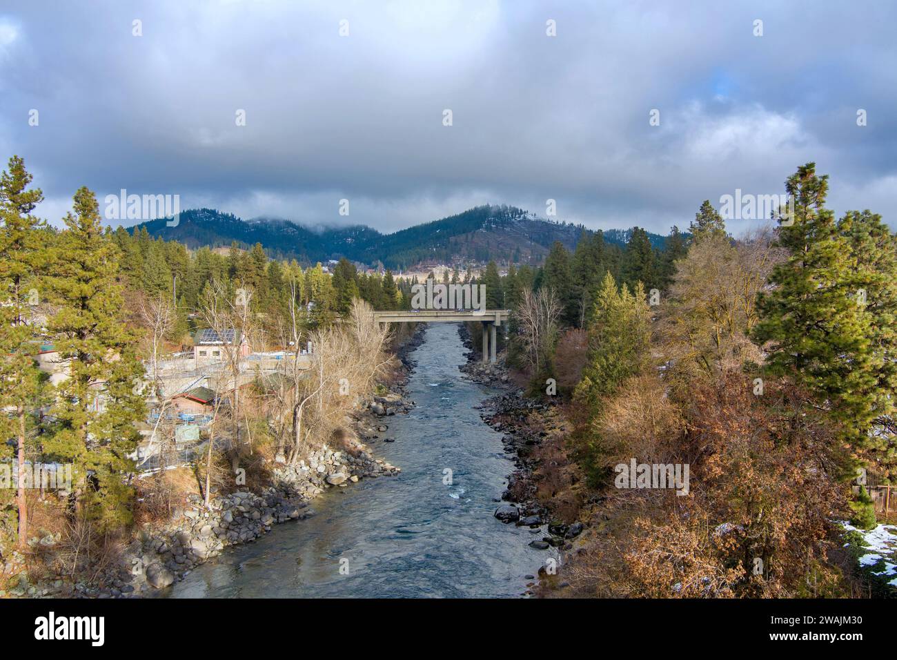 Aerial view of the Wenatchee River at Leavenworth, Washington in ...