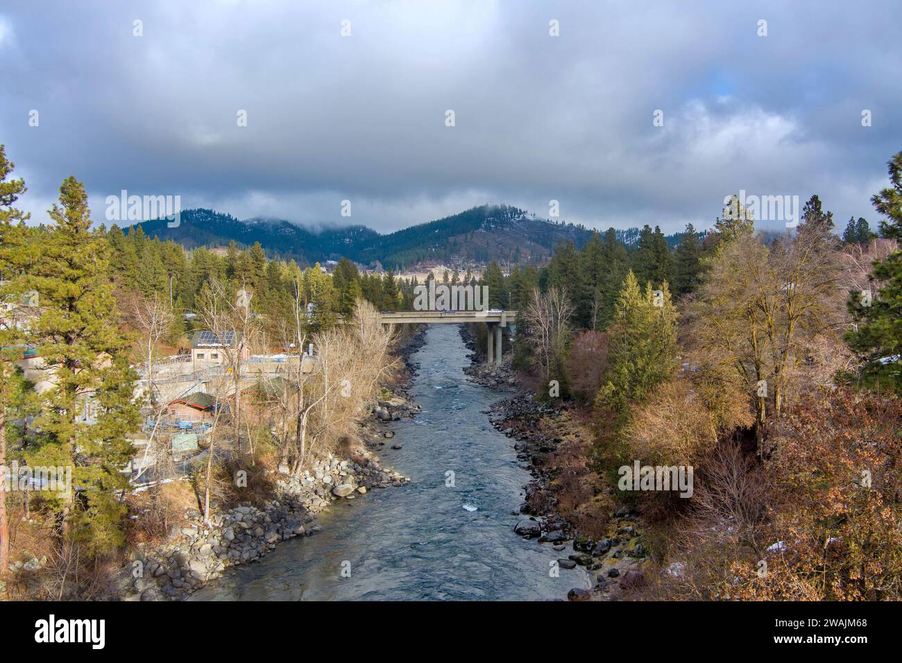 Aerial view of the Wenatchee River at Leavenworth, Washington in ...