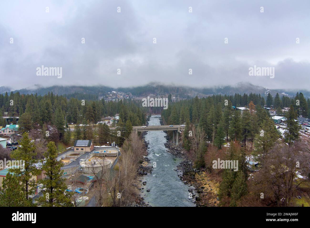 Aerial view of the Wenatchee River at Leavenworth, Washington in ...