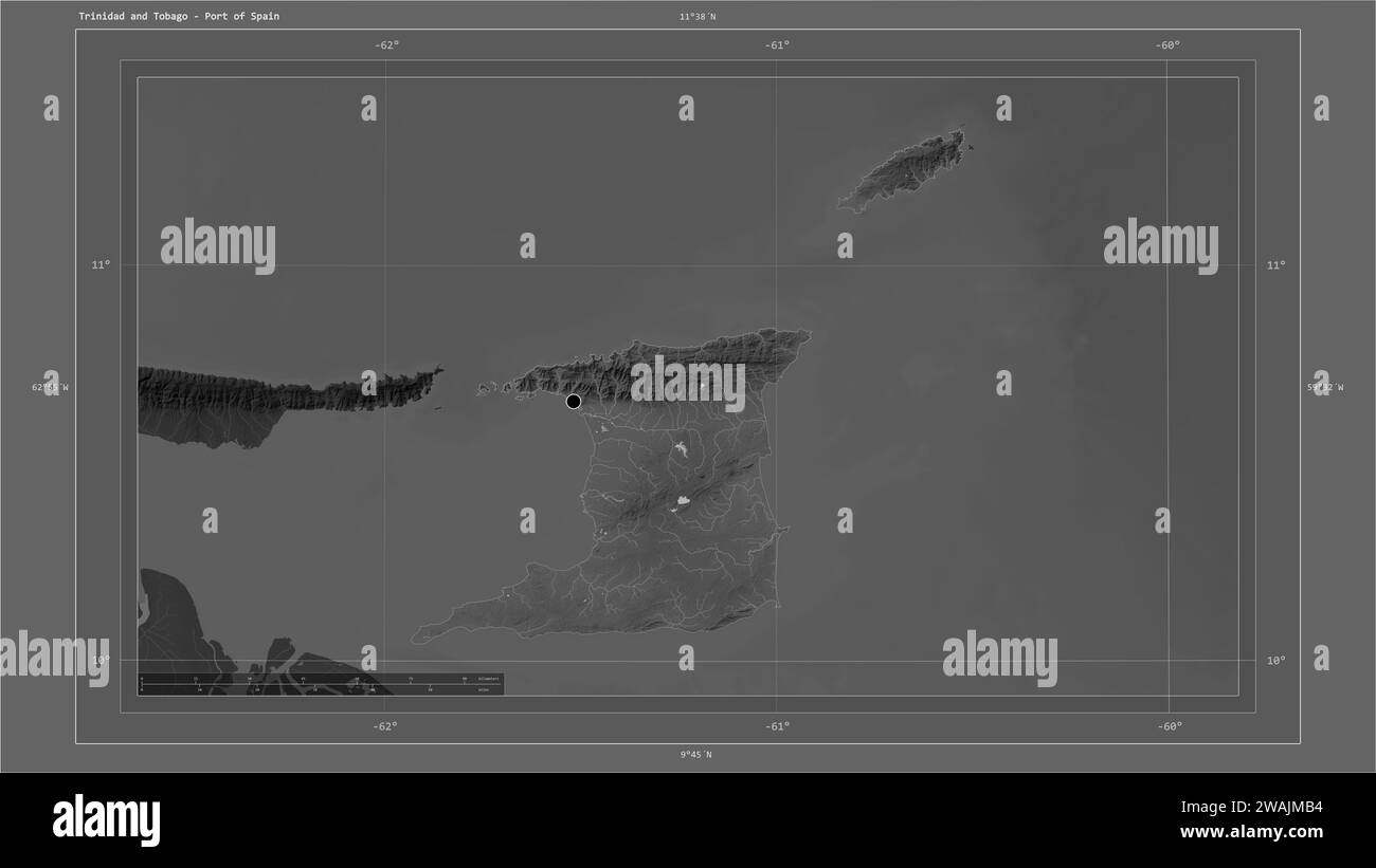 Trinidad and Tobago highlighted on a Grayscale elevation map with lakes ...