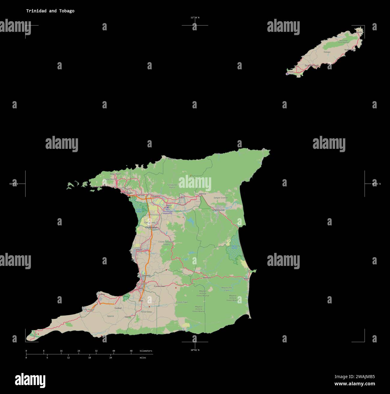 Shape of a topographic, OSM Germany style map of the Trinidad and Tobago, with distance scale ...
