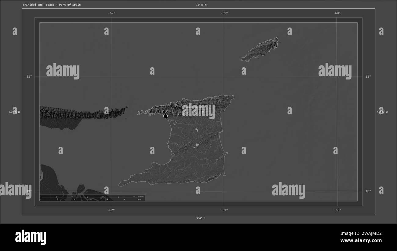 Trinidad and Tobago highlighted on a Bilevel elevation map with lakes ...