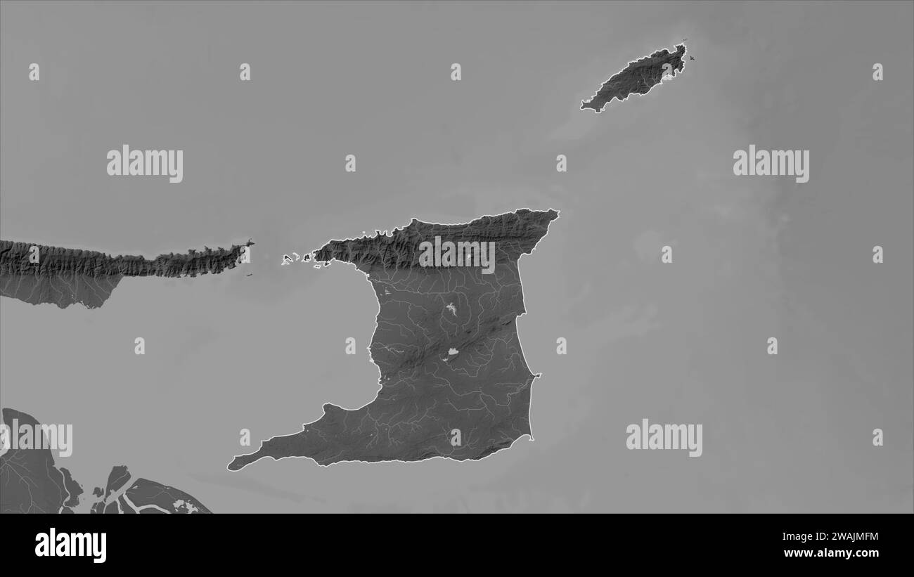 Trinidad and Tobago outlined on a Grayscale elevation map with lakes ...