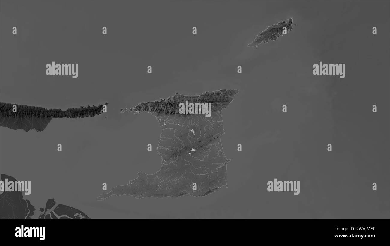 Trinidad and Tobago highlighted on a Grayscale elevation map with lakes ...