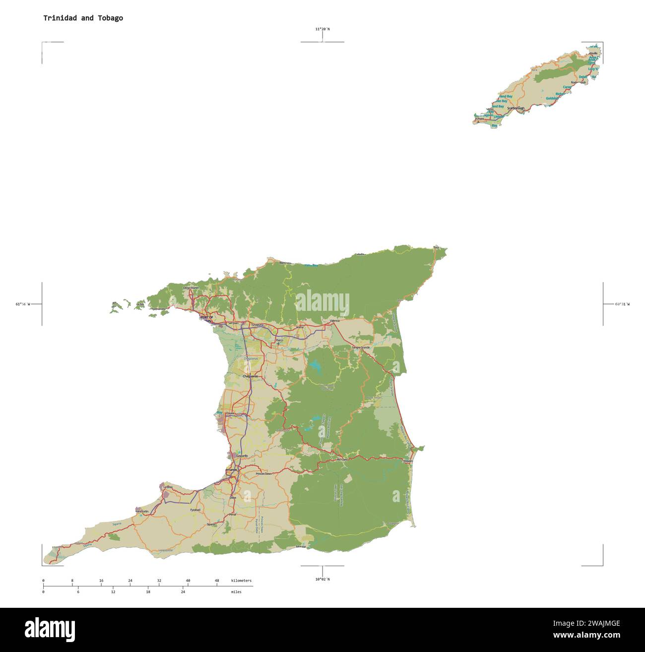 Shape of a topographic, OSM Humanitarian style map of the Trinidad and ...