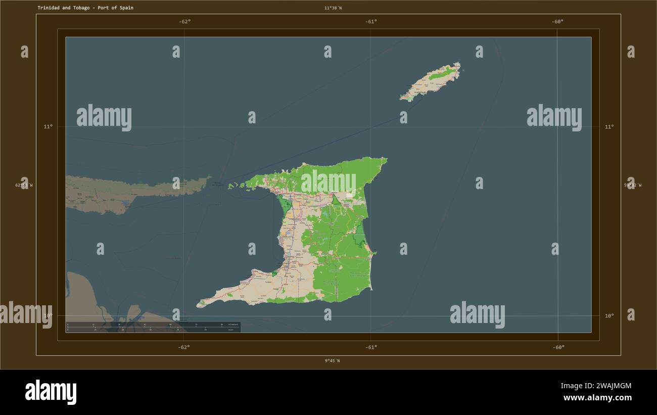 Trinidad and Tobago highlighted on a topographic, OSM France style map ...