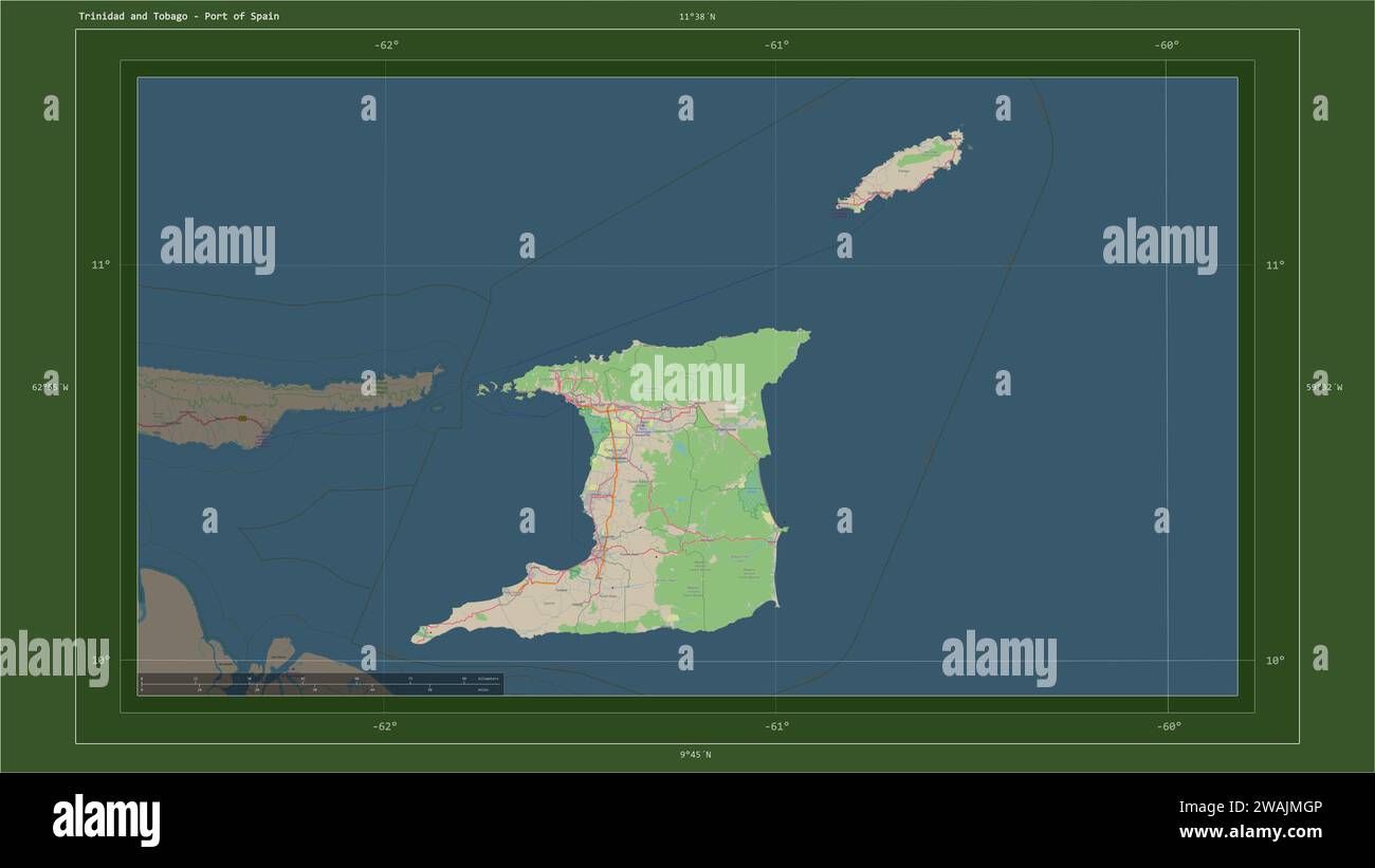 Trinidad and Tobago highlighted on a topographic, OSM Germany style map map with the country's ...
