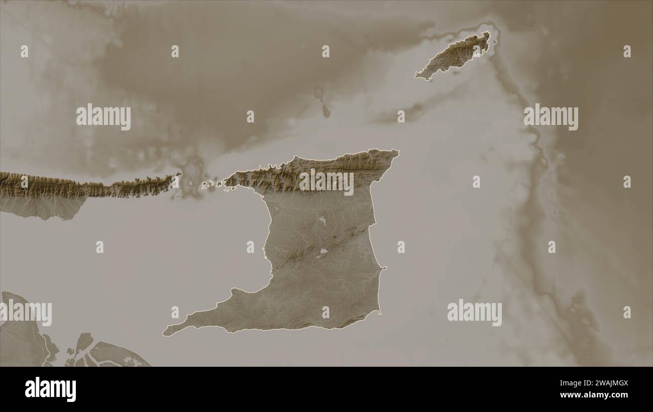 Trinidad and Tobago outlined on a elevation map colored in sepia tones ...