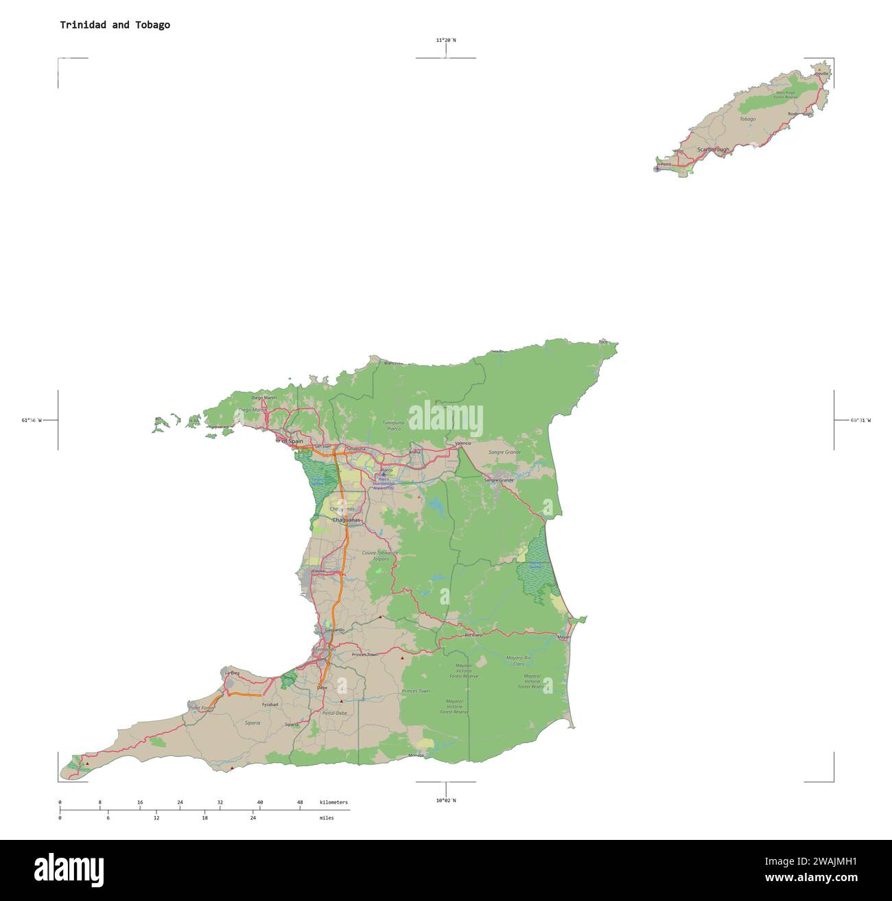 Shape of a topographic, OSM Germany style map of the Trinidad and Tobago, with distance scale ...