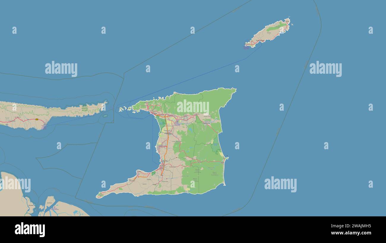 Trinidad and Tobago outlined on a topographic, OSM Germany style map Stock Photo - Alamy