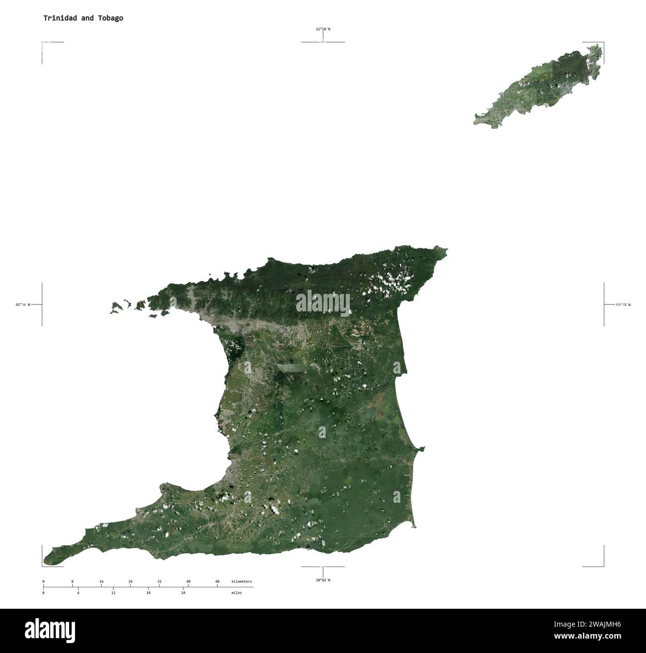Shape of a low resolution satellite map of the Trinidad and Tobago, with distance scale and map ...