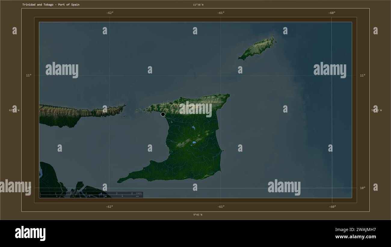 Trinidad and Tobago highlighted on a Colored elevation map with lakes ...
