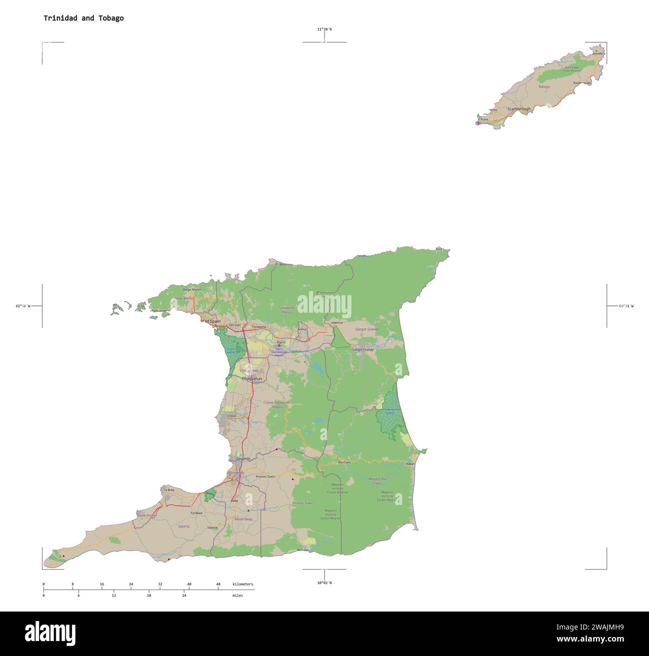 Shape of a topographic, OSM standard style map of the Trinidad and Tobago, with distance scale ...