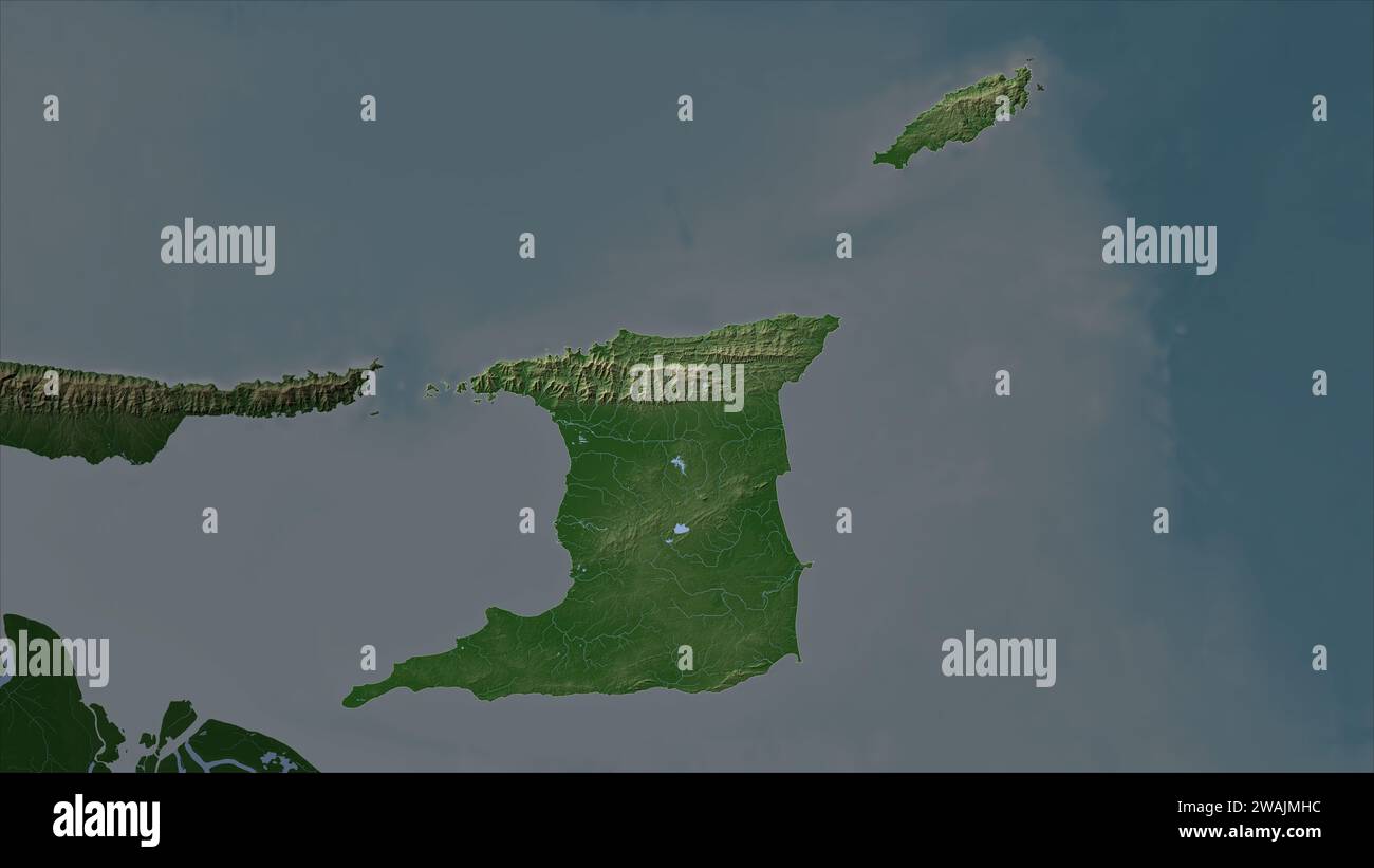Trinidad and Tobago highlighted on a Pale colored elevation map with ...