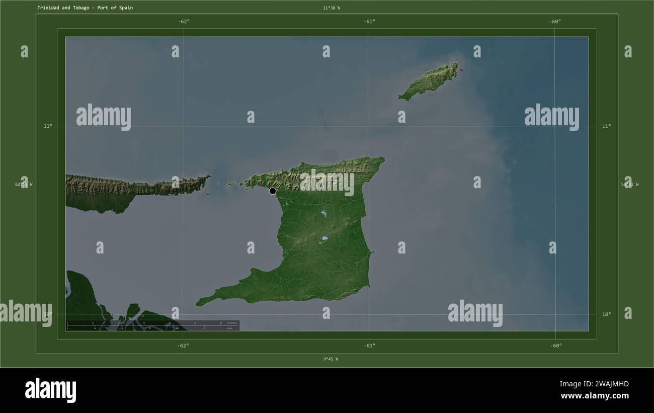 Trinidad and Tobago highlighted on a Pale colored elevation map with ...