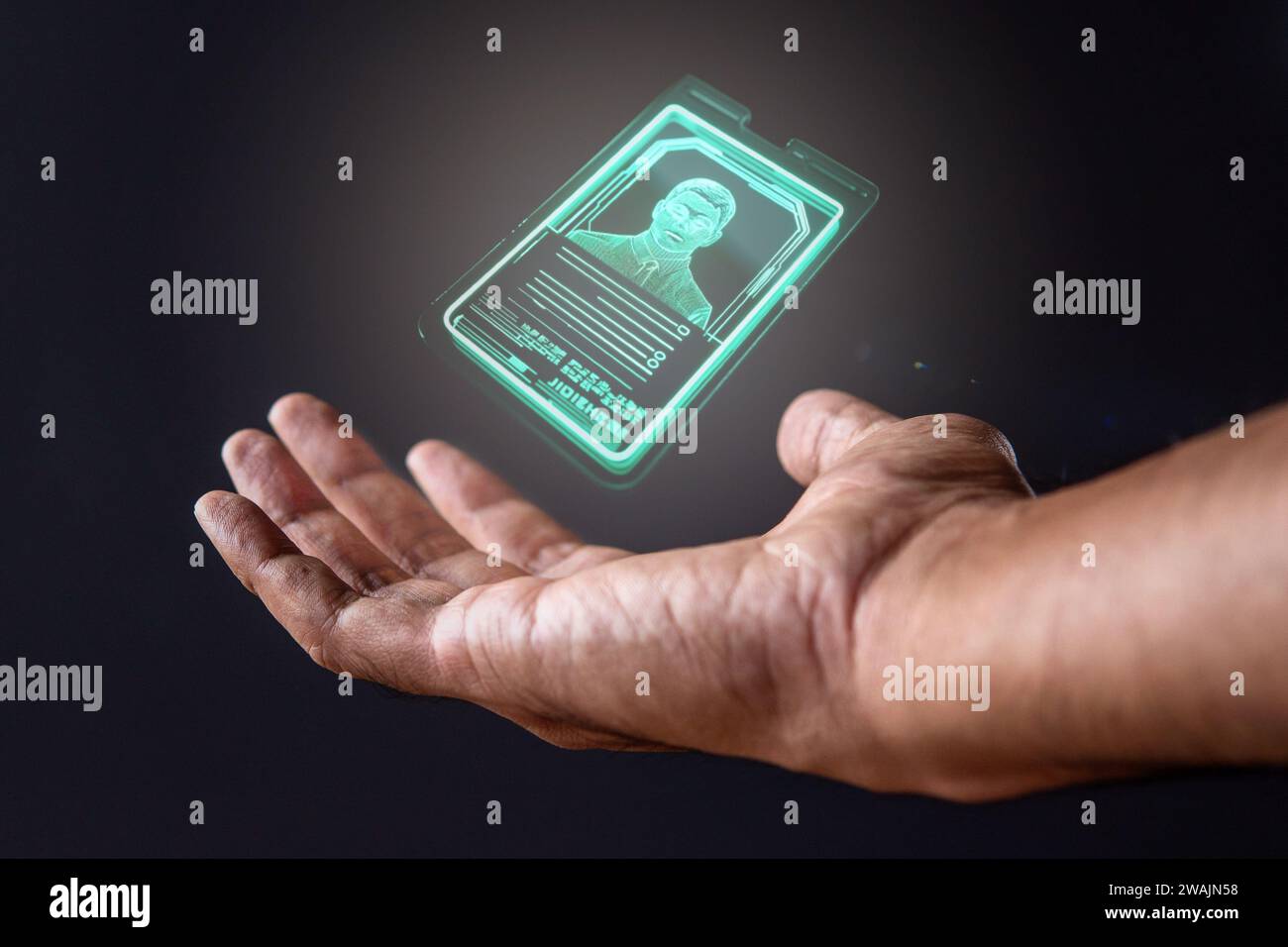 Closeup image of hand and digital identification card or digital ID on ...