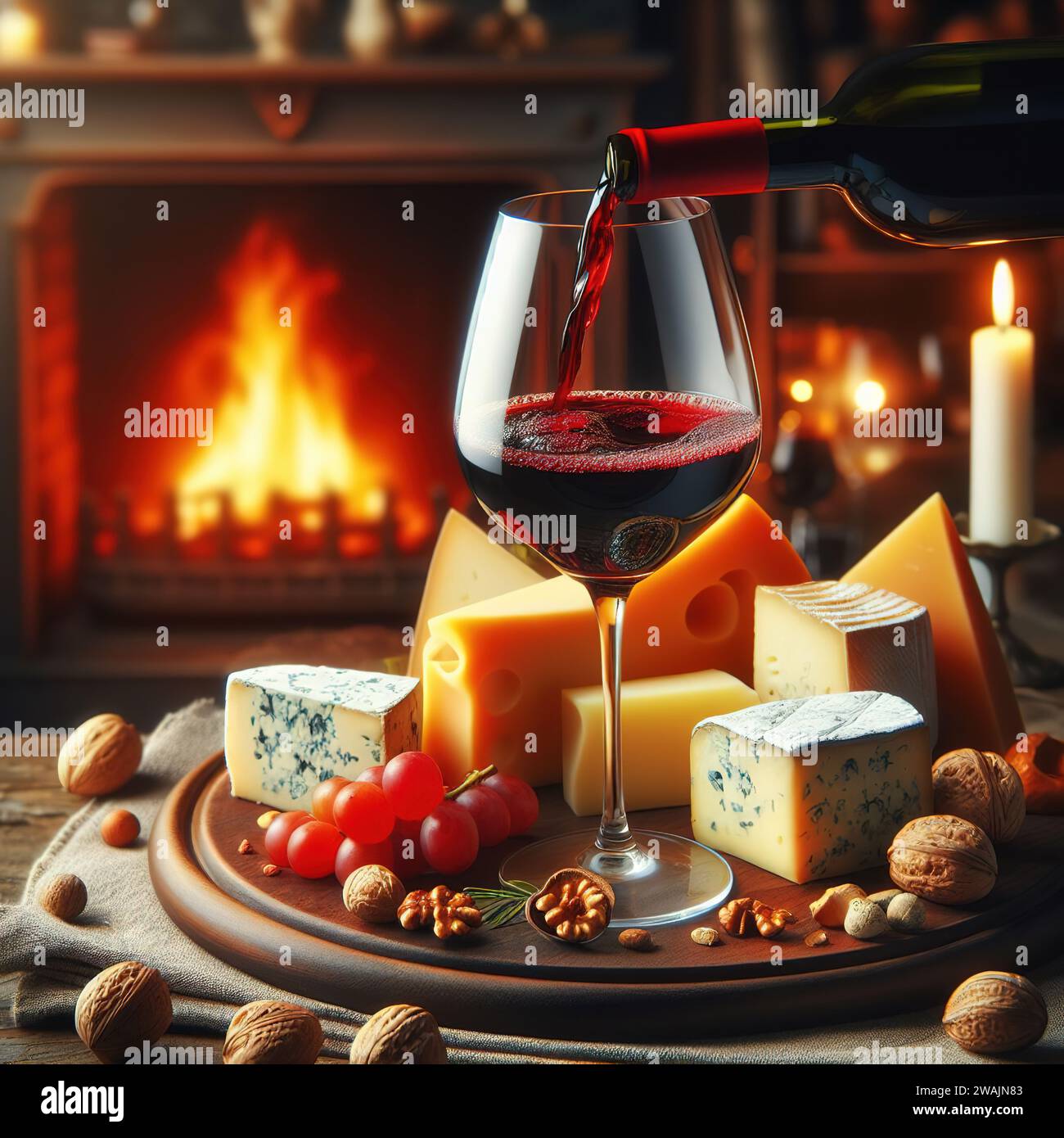 A table with cheese, grapes, nuts and a burning candle against the ...