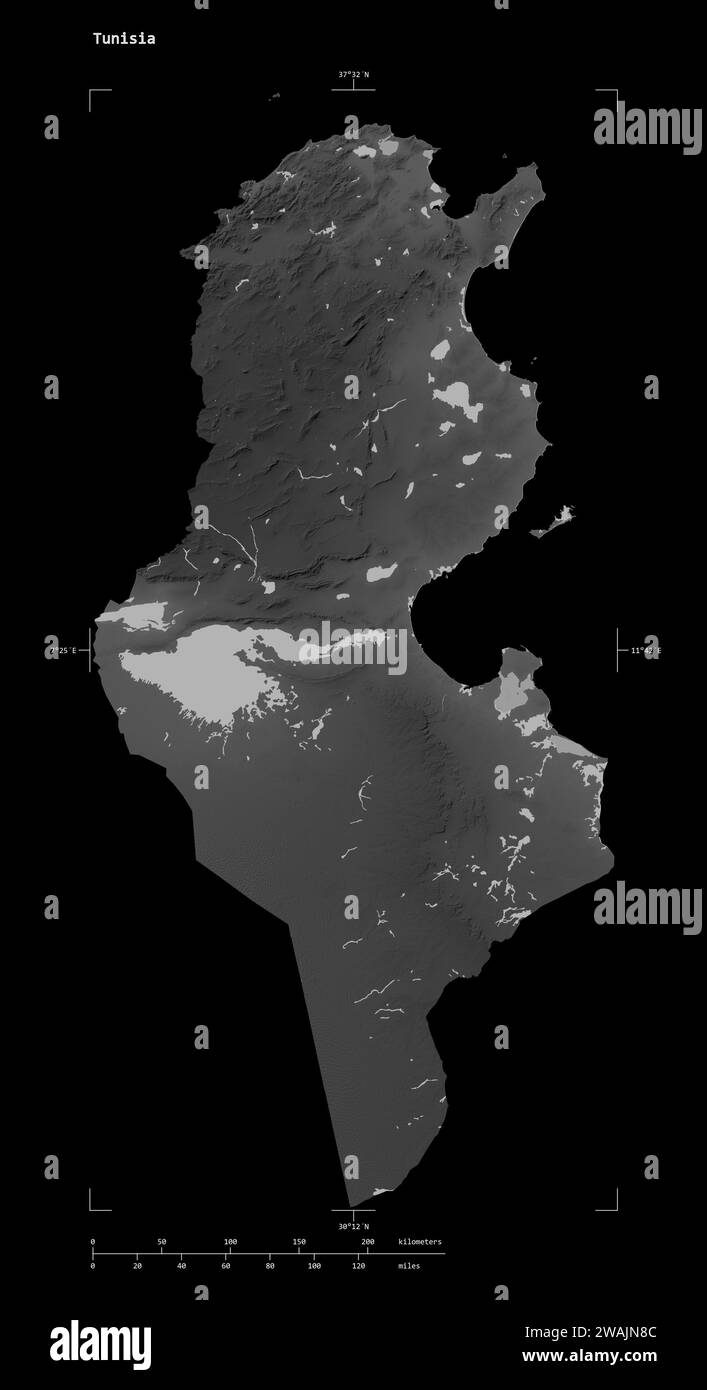 Shape of a Grayscale elevation map with lakes and rivers of the Tunisia ...