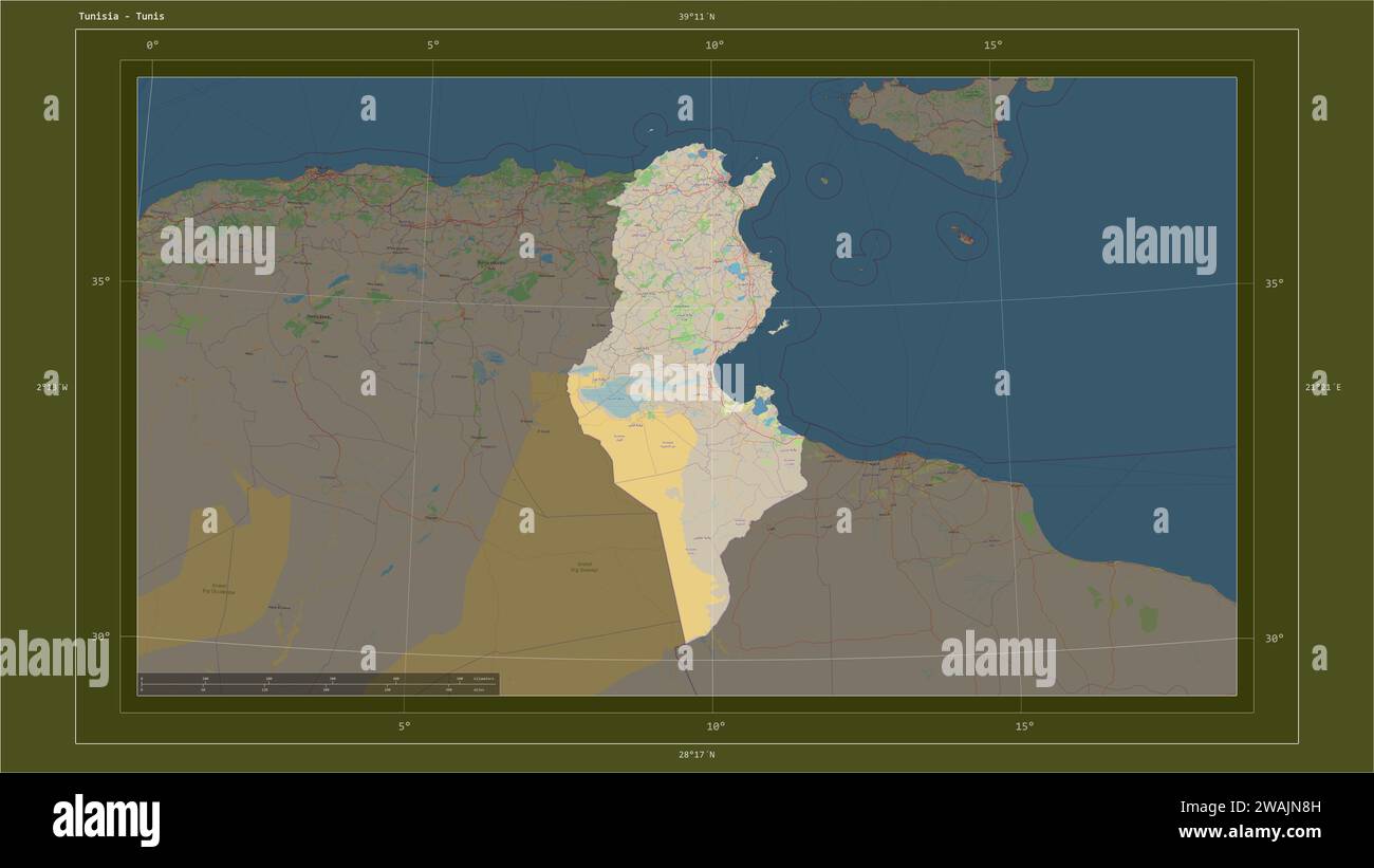 Tunisia highlighted on a topographic, OSM standard style map map with ...