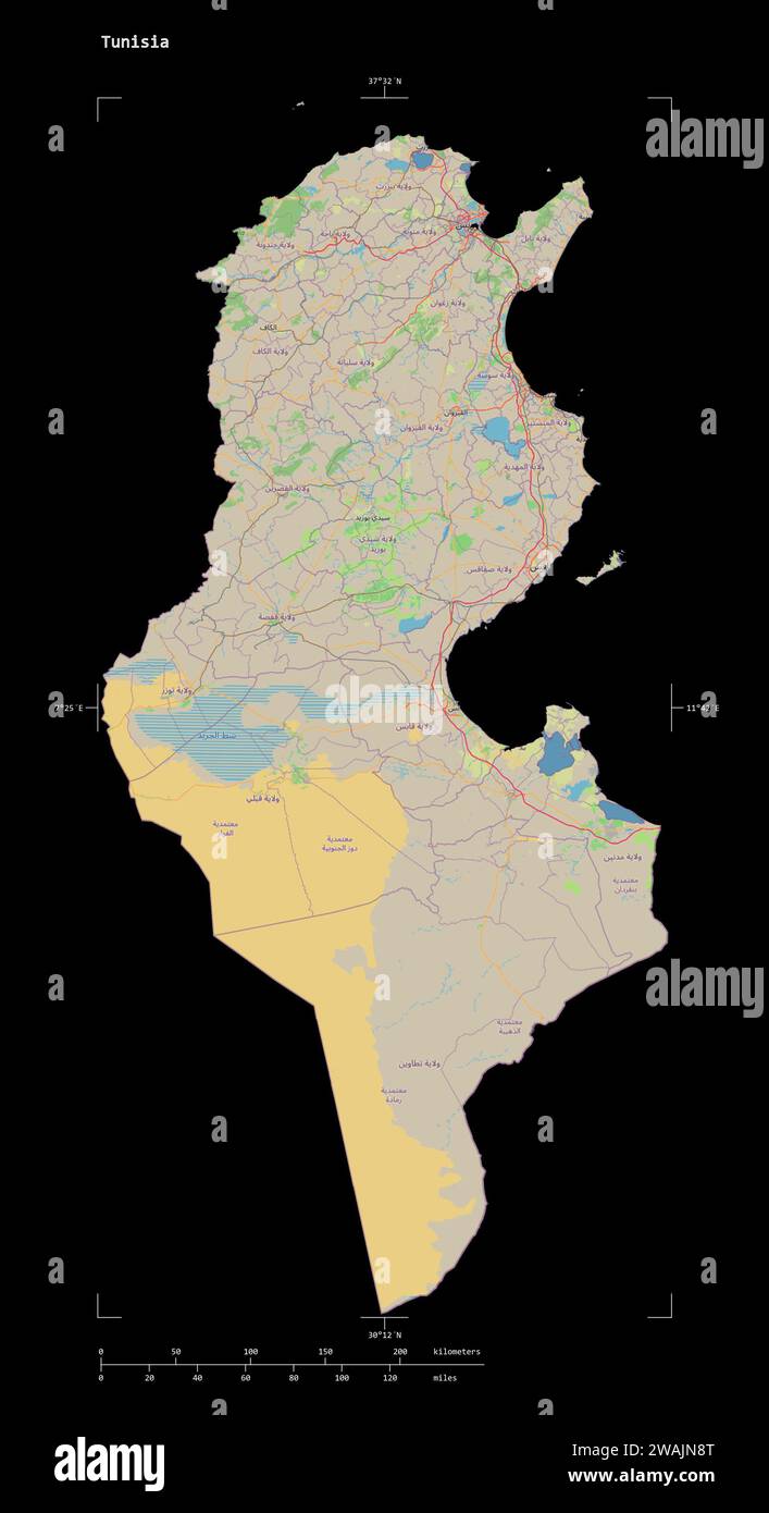 Shape of a topographic, OSM standard style map of the Tunisia, with ...