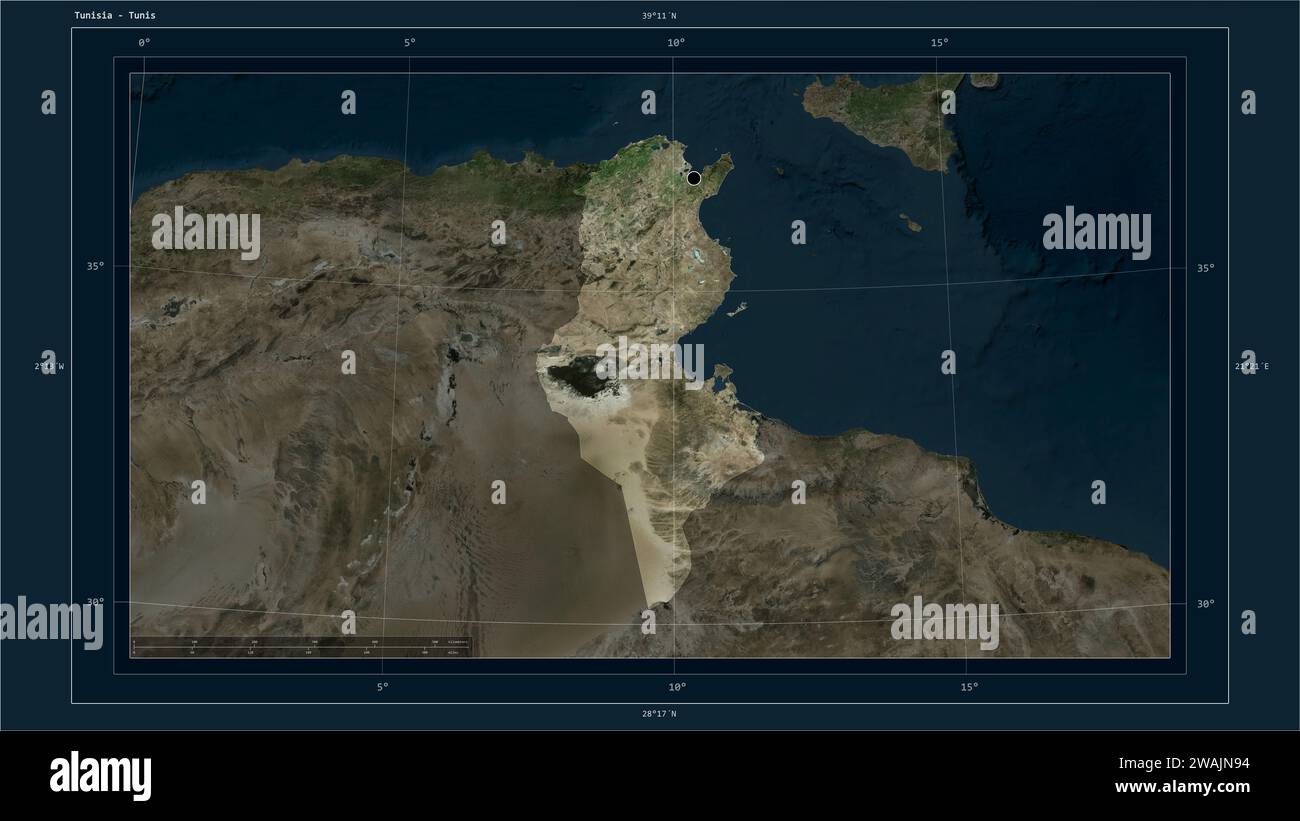 Tunisia highlighted on a high resolution satellite map map with the country's capital point ...