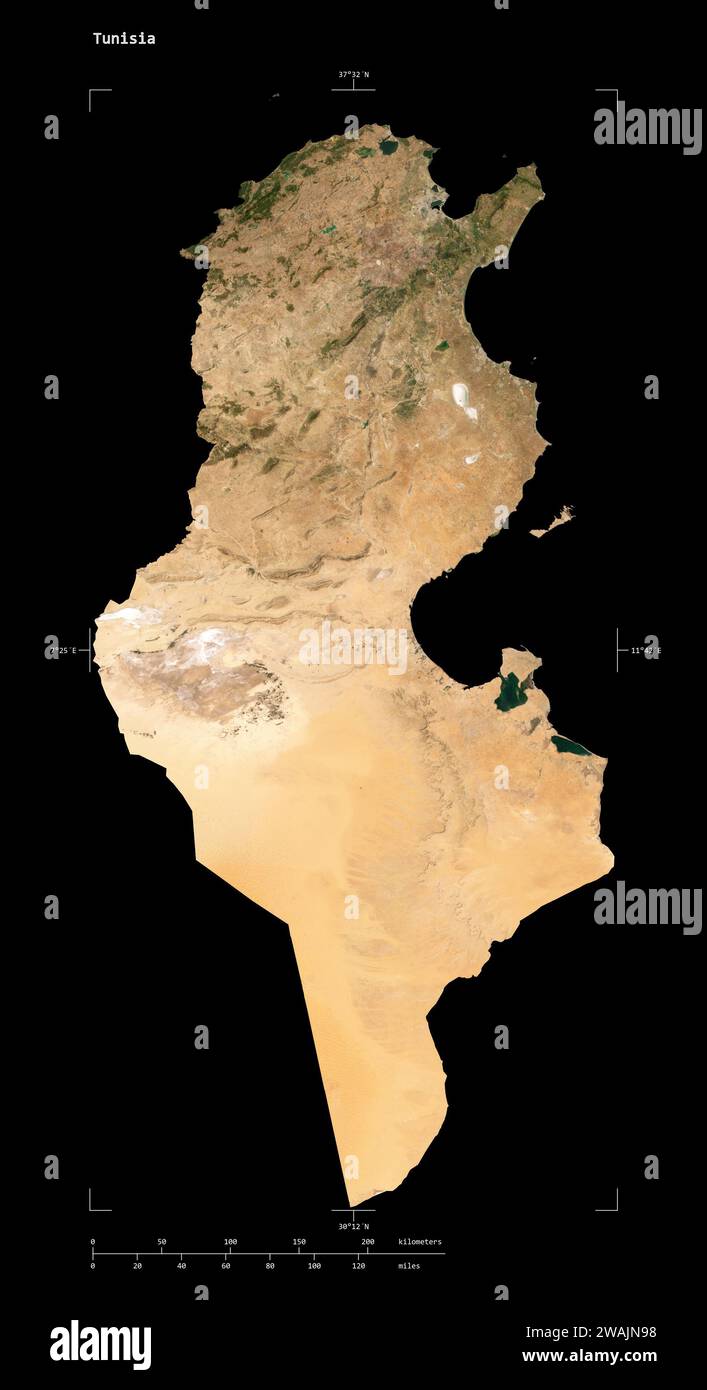 Shape of a low resolution satellite map of the Tunisia, with distance ...