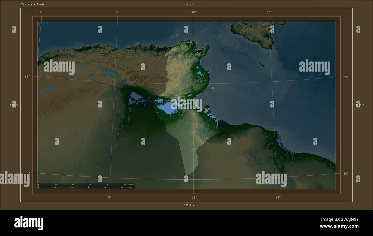 Tunisia highlighted on a Colored elevation map with lakes and rivers ...