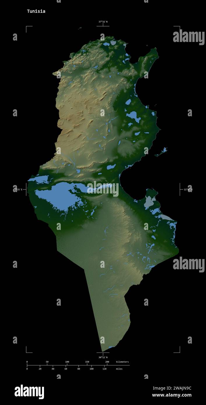 Shape of a Colored elevation map with lakes and rivers of the Tunisia ...