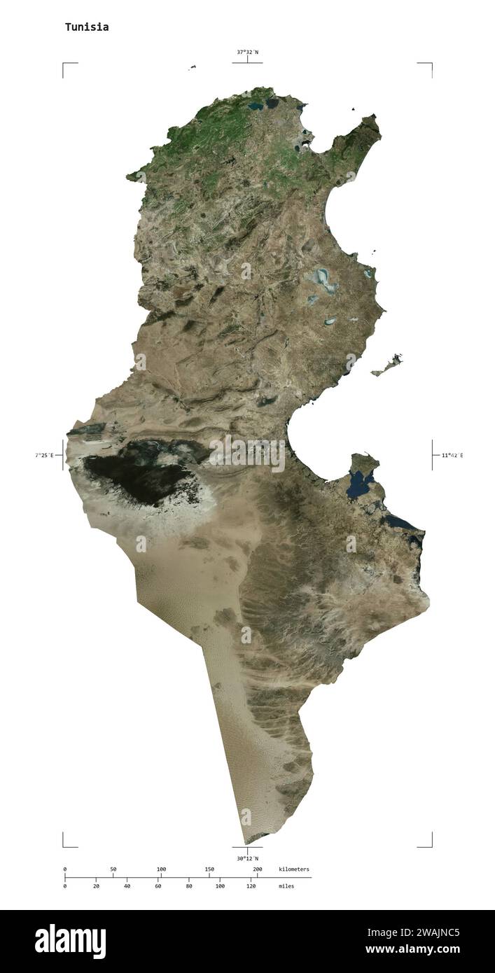 Shape of a high resolution satellite map of the Tunisia, with distance ...