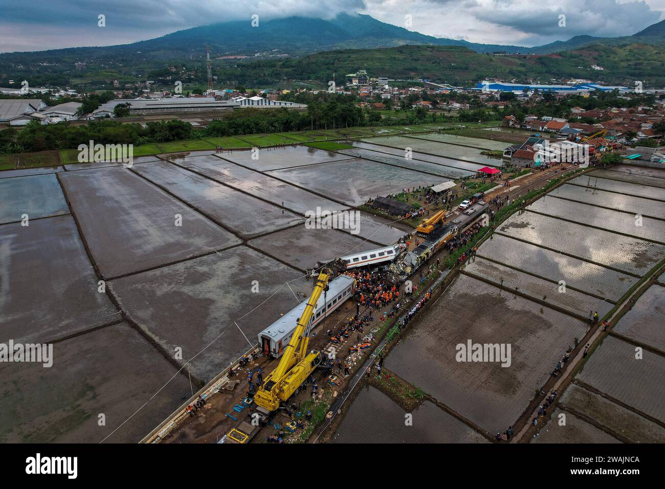 TRAIN ACCIDENT Aerial photo shows a view of the evacuation process of ...