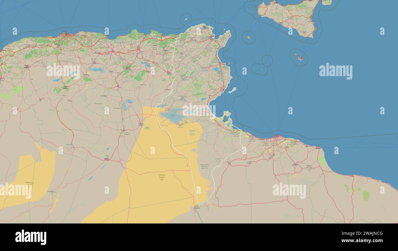 Tunisia outlined on a topographic, OSM Germany style map Stock Photo - Alamy