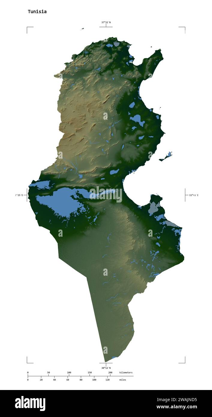 Shape of a Colored elevation map with lakes and rivers of the Tunisia ...