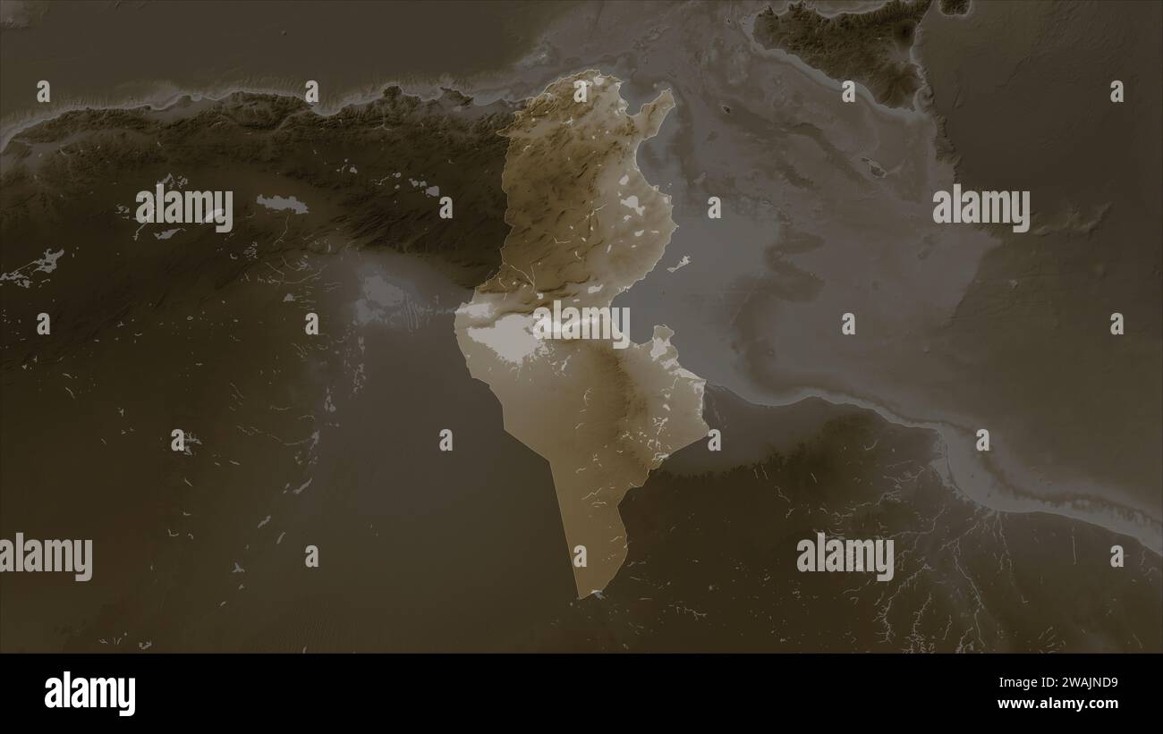 Tunisia highlighted on a elevation map colored in sepia tones with ...