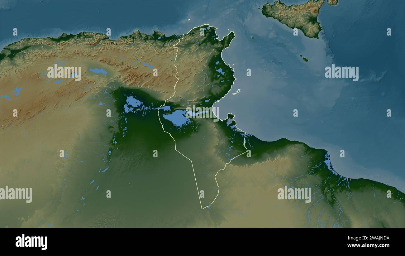 Tunisia outlined on a Colored elevation map with lakes and rivers Stock ...