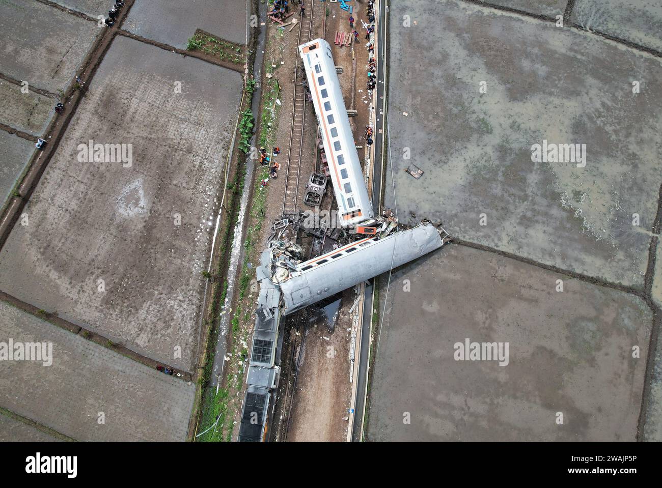 (EDITORS NOTE: Image taken with drone)Aerial view of two trains after ...