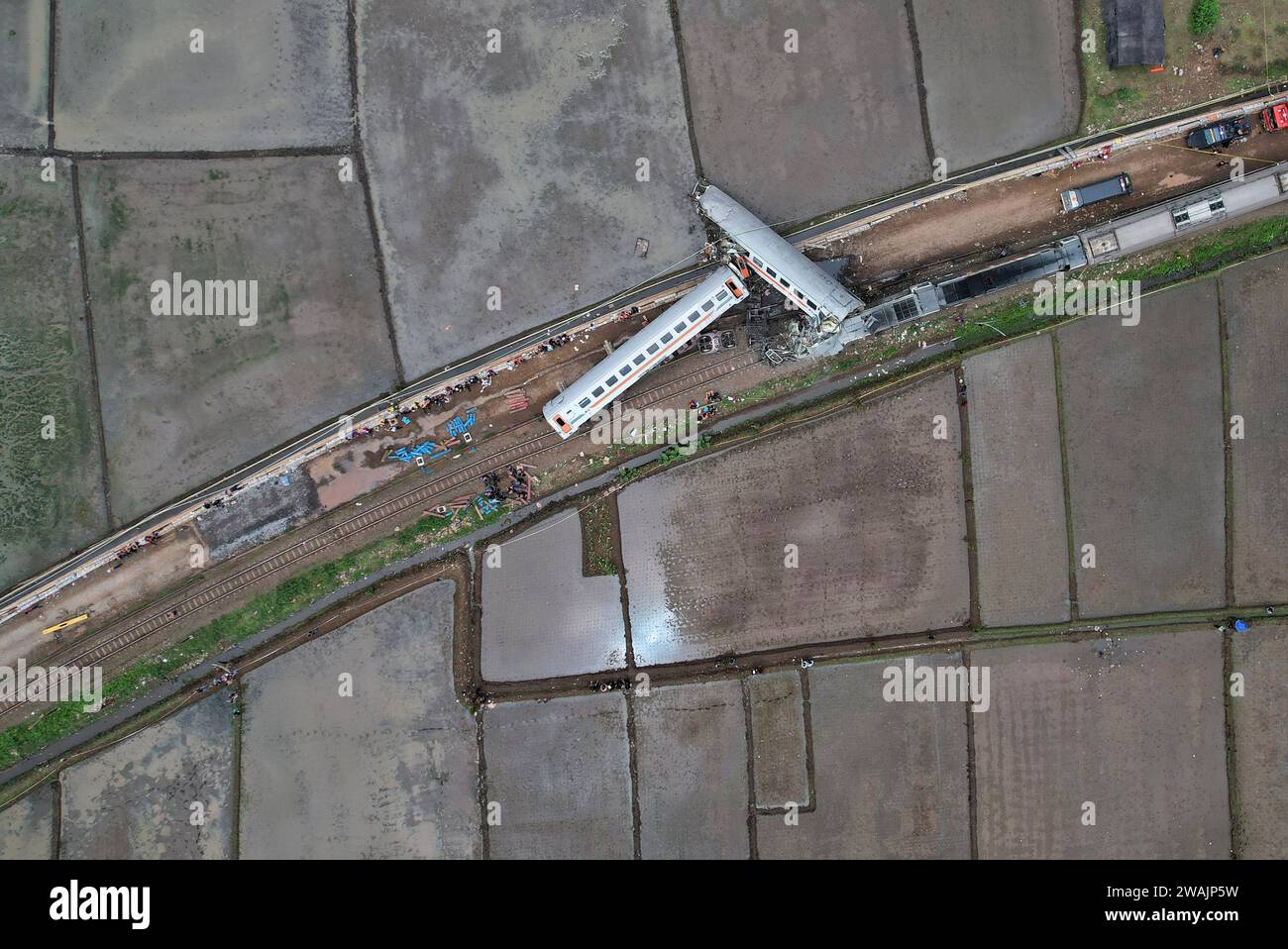 (EDITORS NOTE: Image taken with drone)Aerial view of two trains after ...