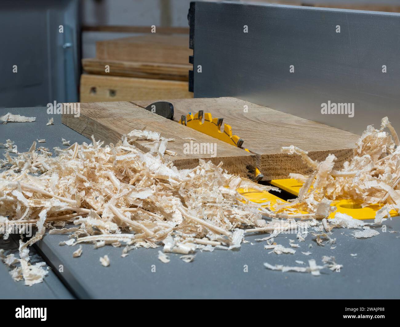 Table saw with hardwood boards being sawn and waste sawdust material ...