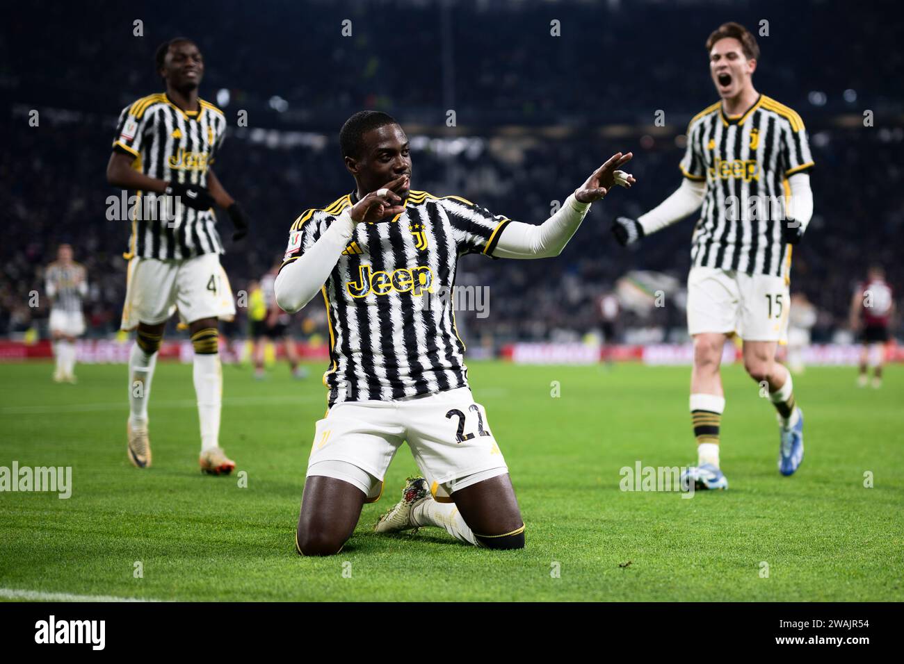 Turin, Italy. 4 January 2024. Timothy Weah of Juventus FC celebrates ...
