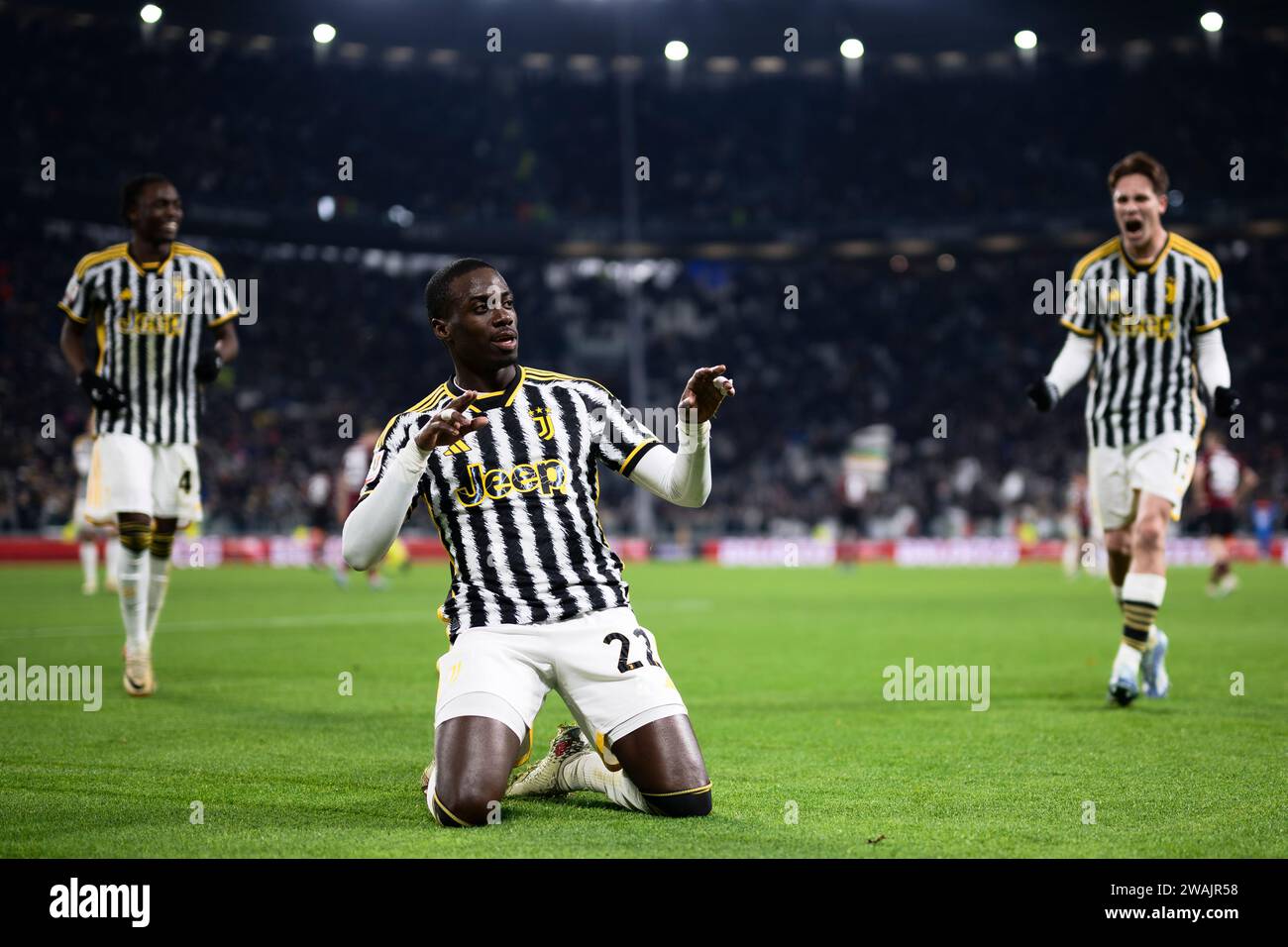 Turin, Italy. 4 January 2024. Timothy Weah of Juventus FC celebrates ...