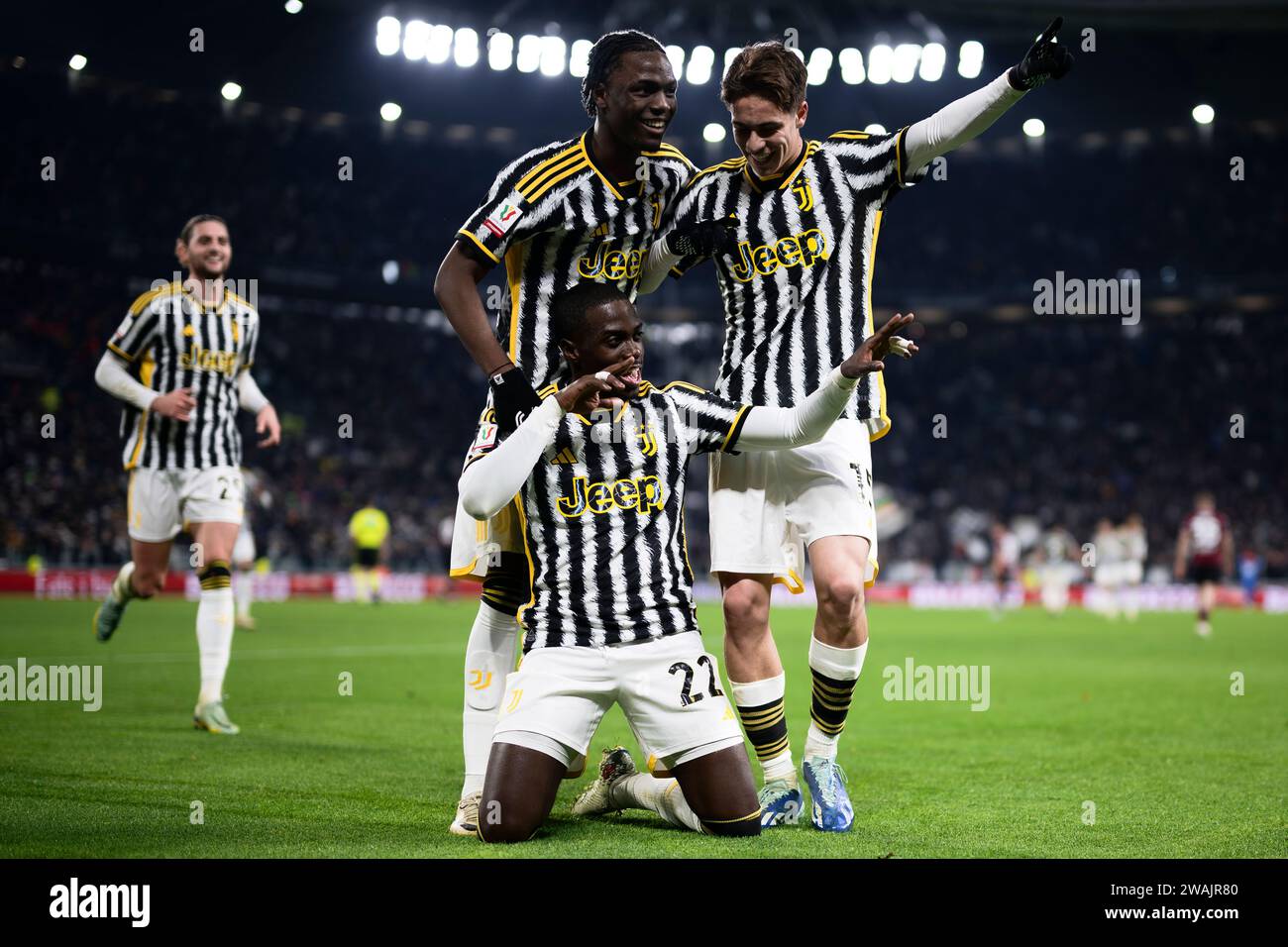 Turin, Italy. 4 January 2024. Timothy Weah of Juventus FC celebrates ...