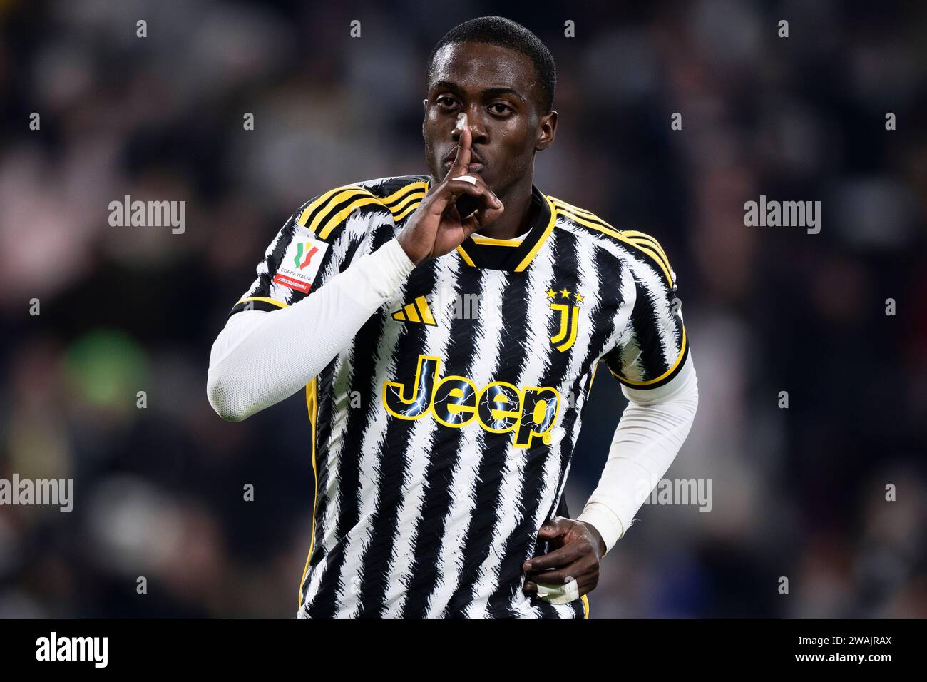 Turin Italy. 4 January 2024. Timothy Weah of Juventus FC celebrates after scoring a goal during the Coppa Italia football match between Juventus FC and US Salernitana. Credit Nicolo Campo Alamy Live N...